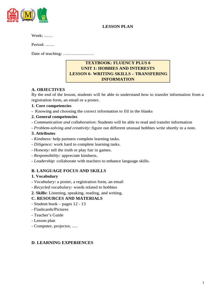 Fluency Plus 6 - Unit 1.6 - Writing | PDF | Teachers | Information