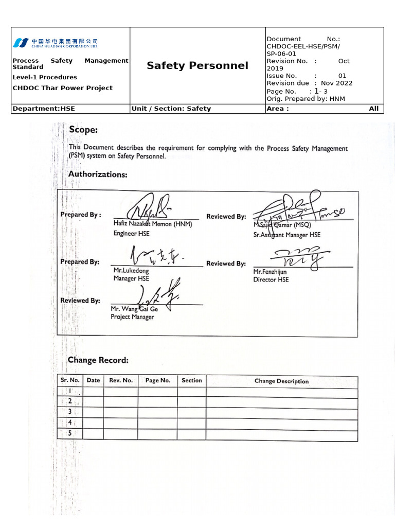 PSM 06 - Safety Personnel (Level 1 Document) | PDF | Workplace | Business