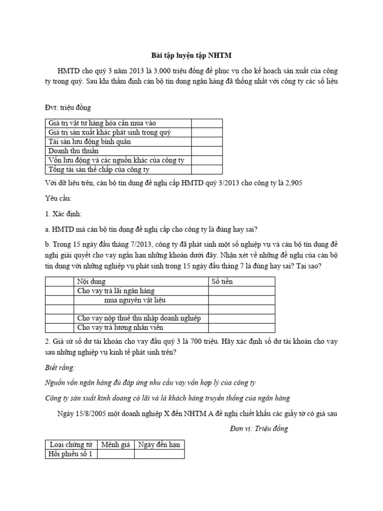 Bài tập luyện tập NHTM | PDF
