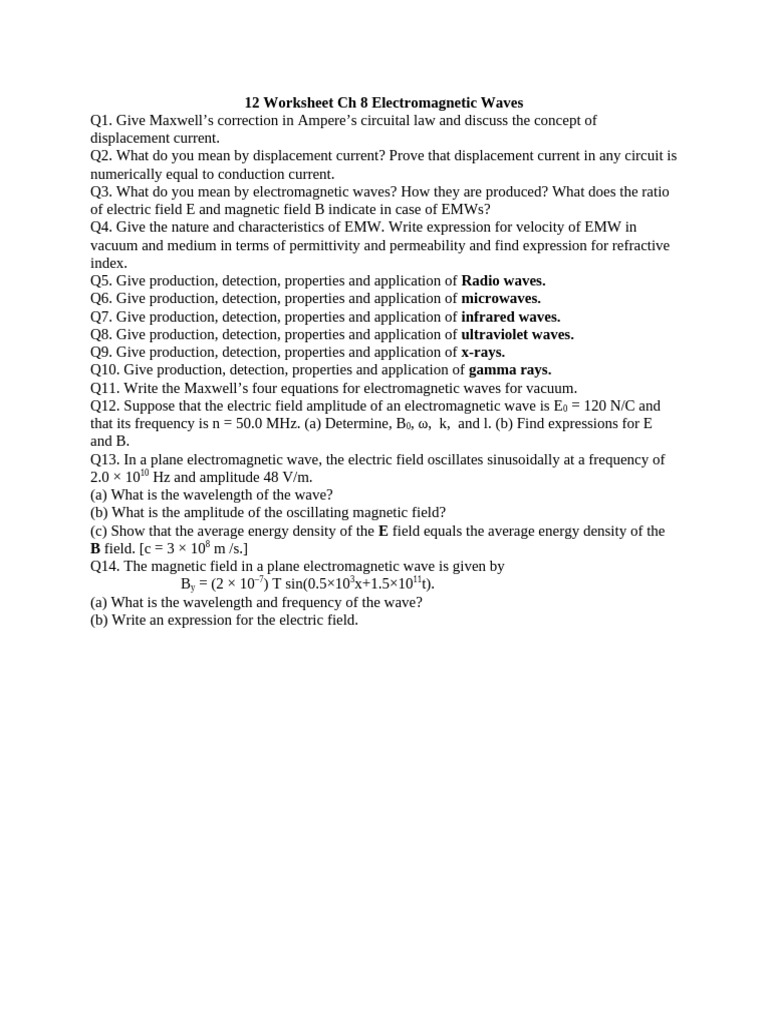 12 Worksheet CH 8 Electromagnetic Waves | PDF