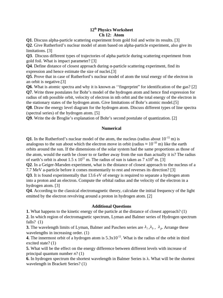 12 Worksheet CH 12 (Atoms) | PDF | Atoms | Quantum Mechanics