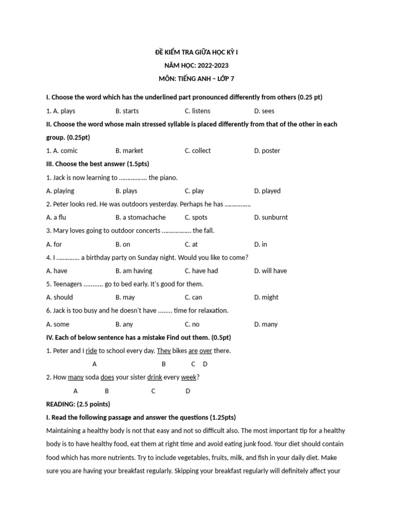 ĐỀ KIỂM TRA GIỮA HỌC KỲ I SGK 7 i Learn | PDF | Language Arts & Discipline