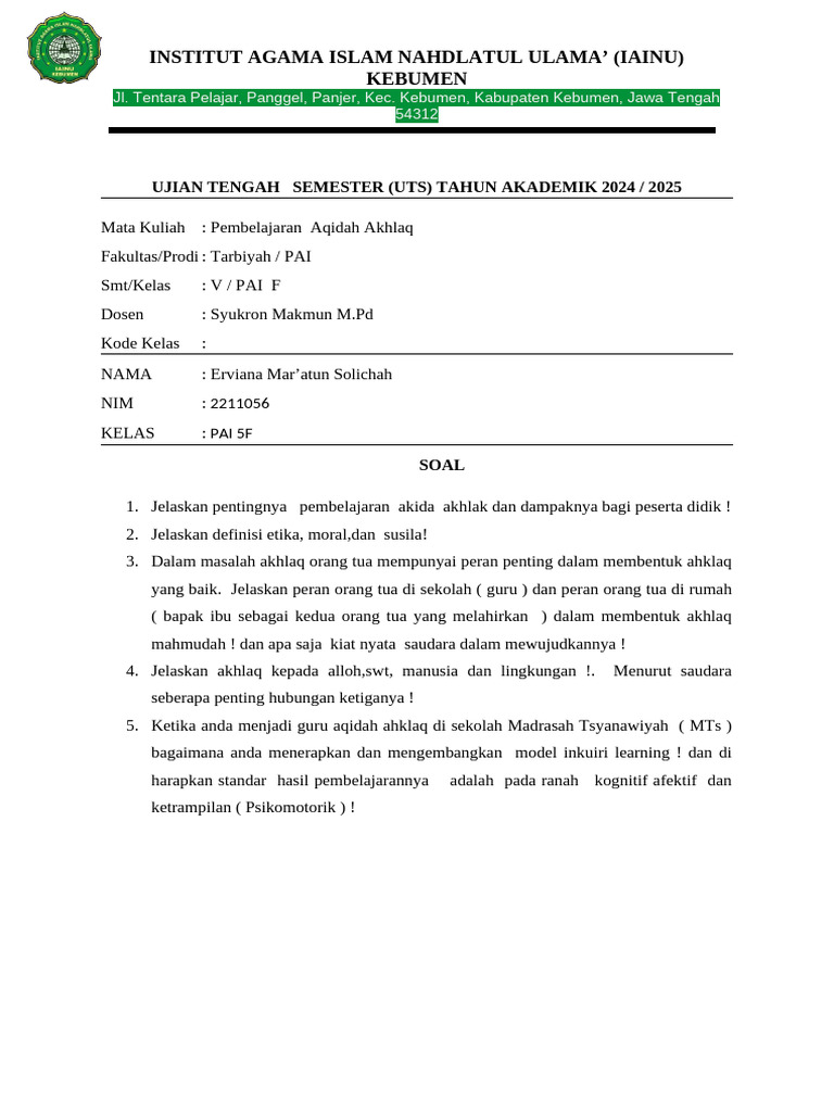 ERVIANA MS JAWABAN UTS Ganjil Pembelajaran Aqidah Akhlak | PDF | Karier ...