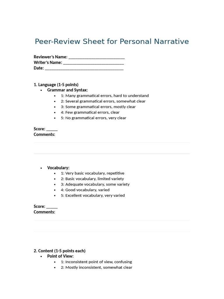 Peer Review Sheet For Personal Narrative | PDF | Grammar | Human ...