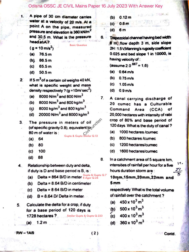 Odisha OSSC JE CIVIL Mains Paper 16 July 2023 With Answer Key 1 | PDF