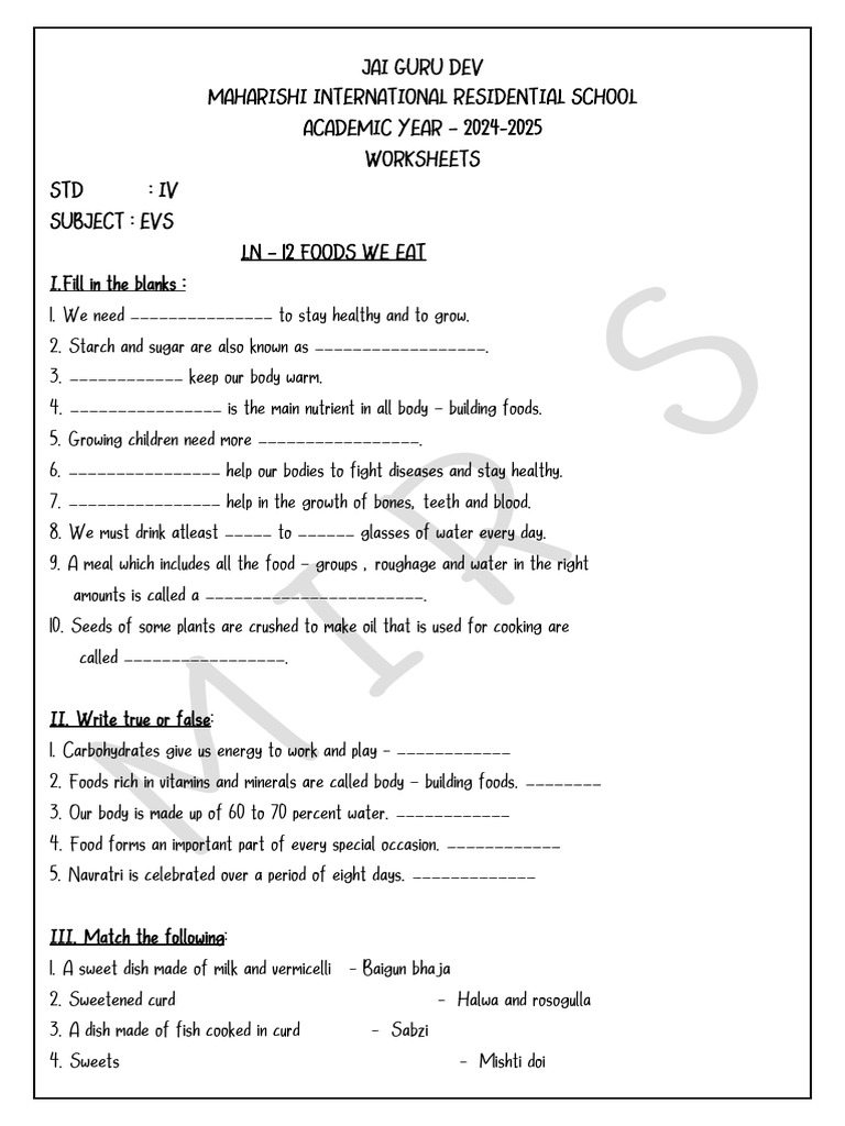 IV Std Evs Worksheet | PDF | Foods | Beak