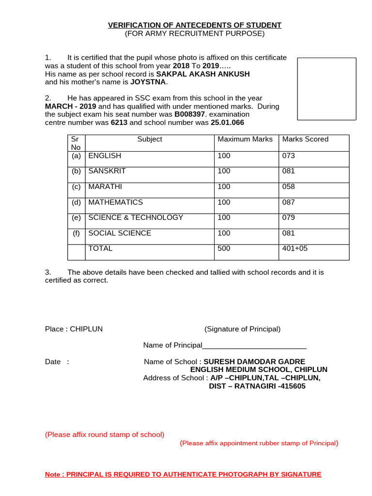 Verification of Antecedents of Student: (Please Affix Round Stamp of ...