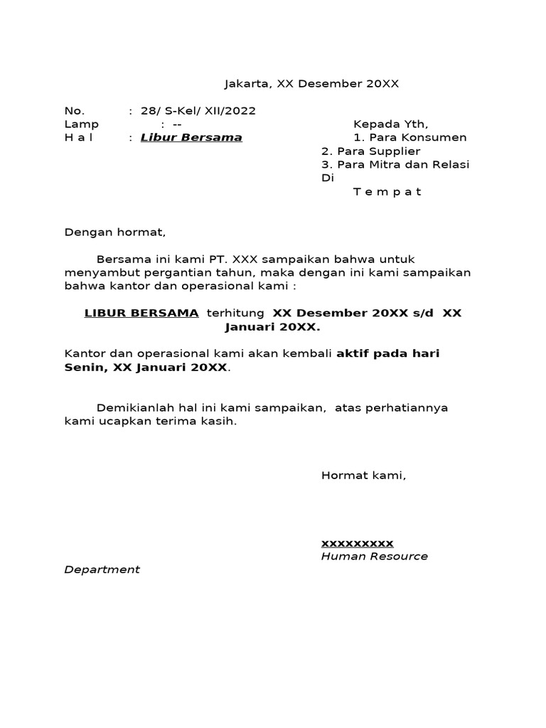 Contoh Surat Pemberitahuan Libur | PDF
