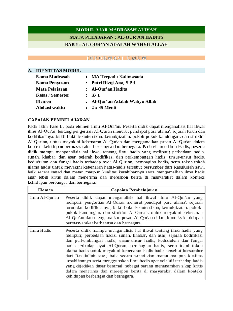 Modul Qurdis 10 Bab 1 - Al-Qur'an Adalah Wahyu Allah | PDF | Sains & Matematika