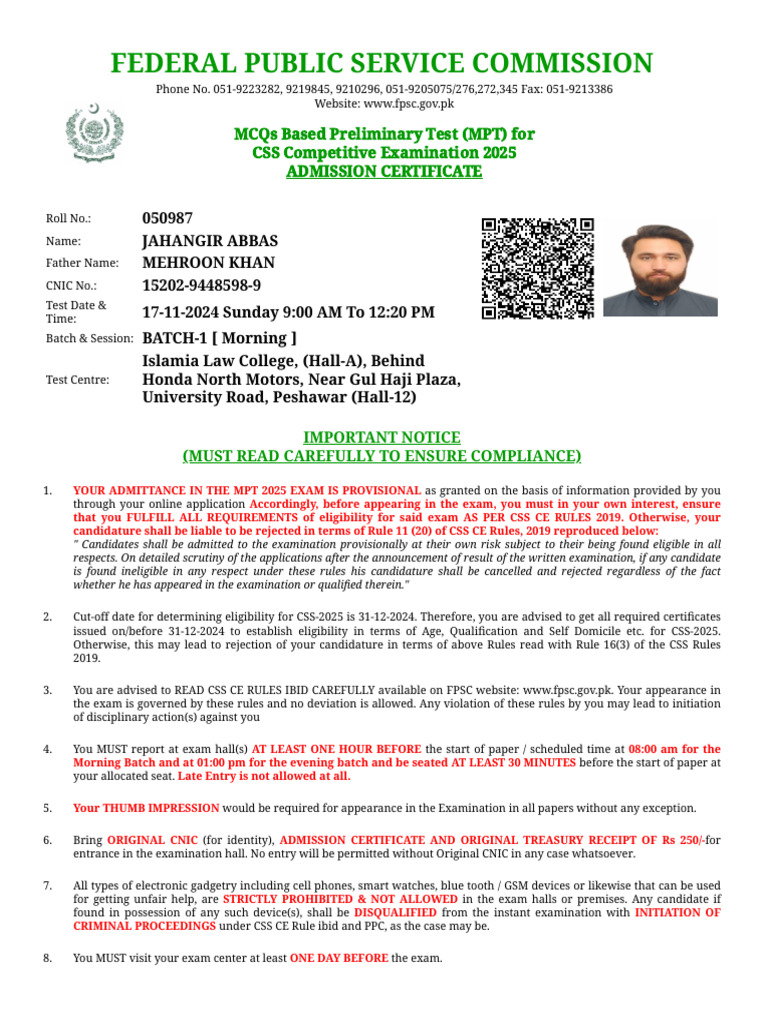 Online - Fpsc.gov - PK FPSC Css Prelim Exam 2025 BK Reports Css MPT Ac ...