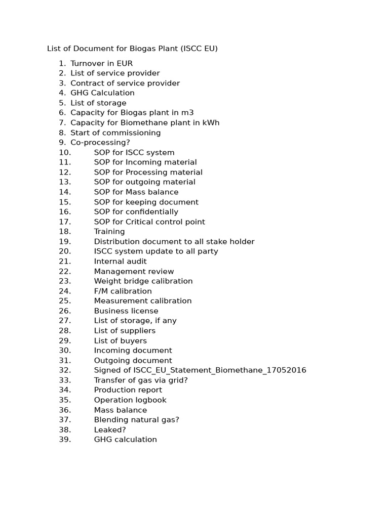 Biogas Plant Documentation Checklist | PDF