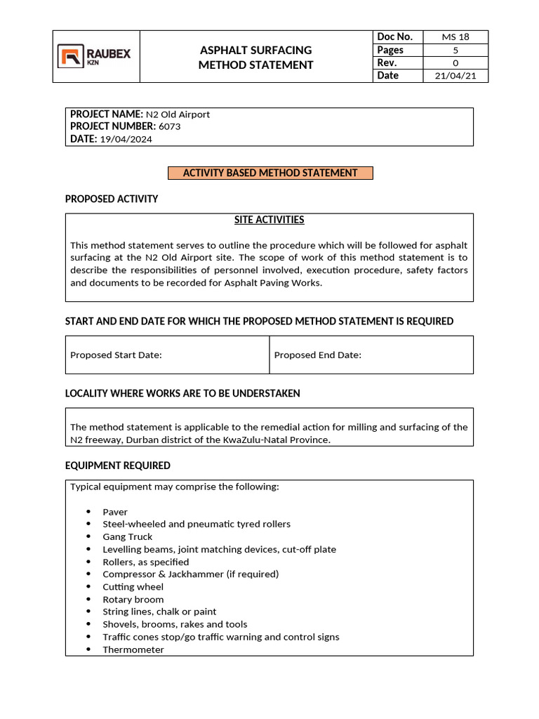Method Statement - 18 Asphalt Surfacing - N2 Old Airport | PDF ...