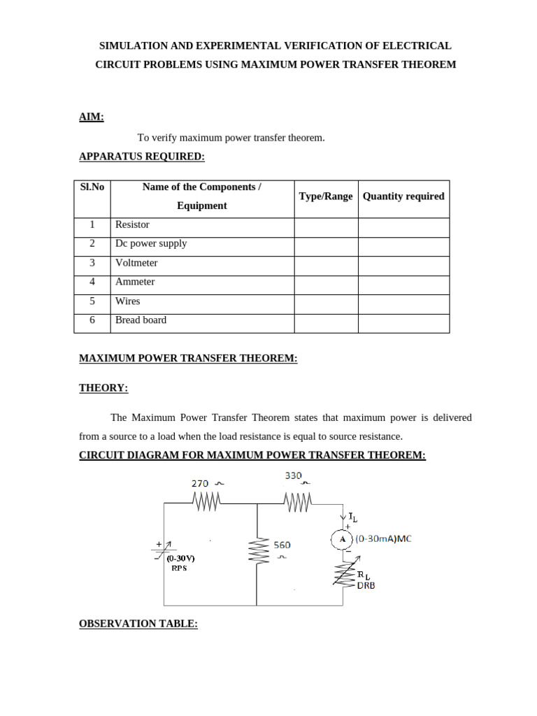 Maximum Power Transfer Theorem Verification | PDF