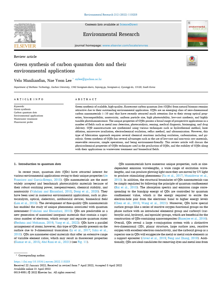 Green Synthesis of Carbon Quantum Dots and Their Environmental ...