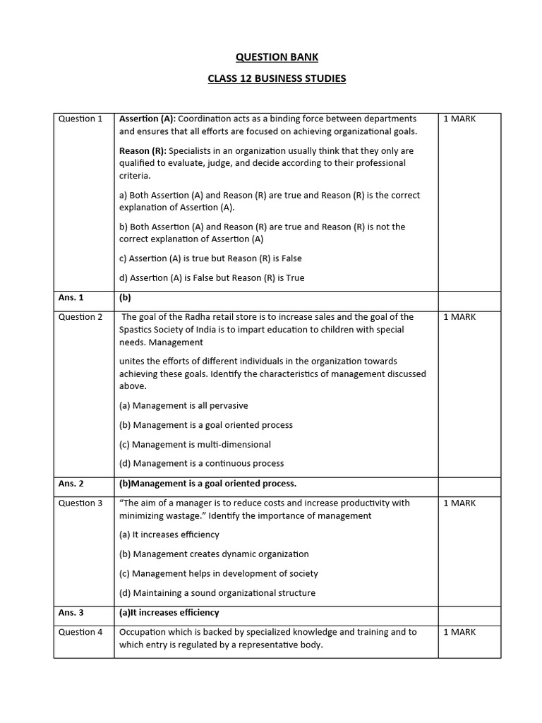 Question Bank Class 12 Business Studies | PDF | Employment | Goal