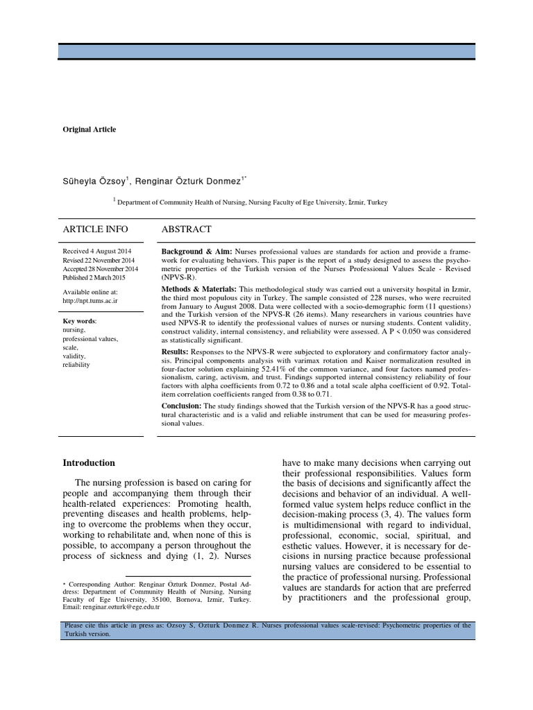 Nurses Professional Values Scale Revised | PDF | Nursing | Psychometrics