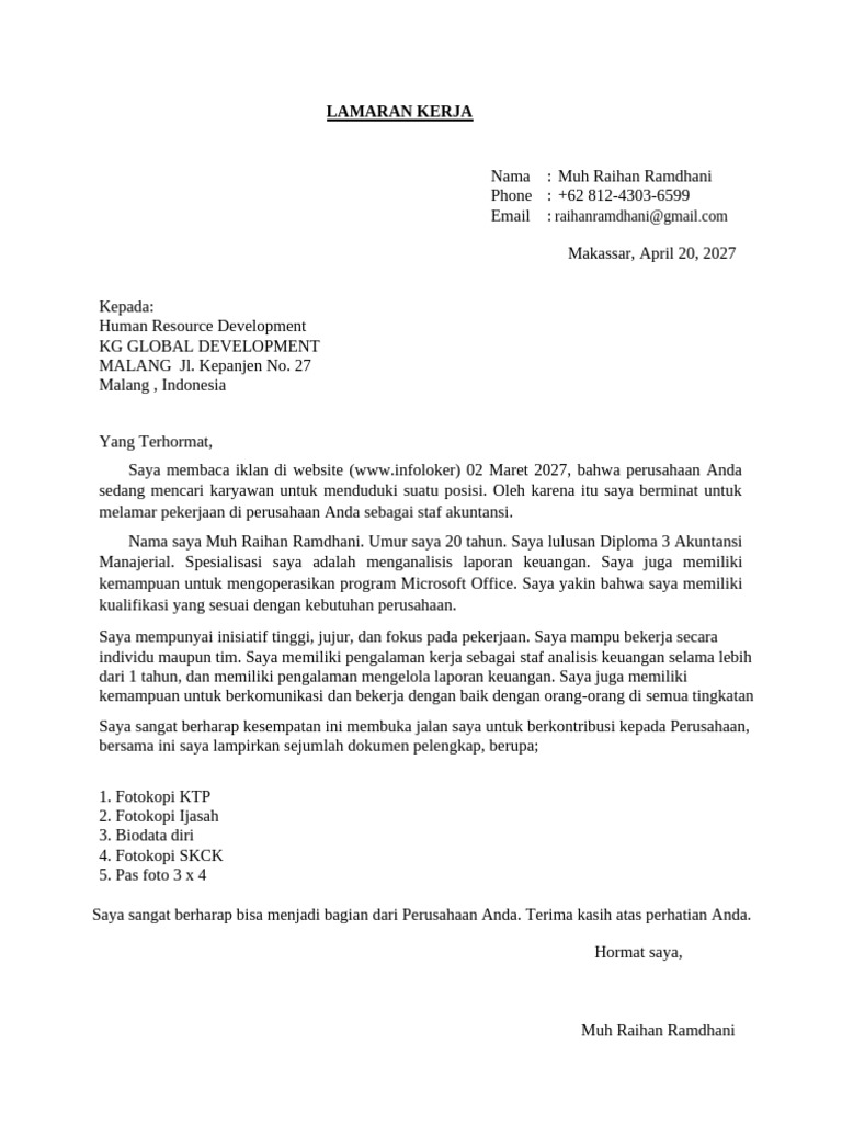 Lamaran Staf Akuntansi oleh Raihan Ramdhani | PDF