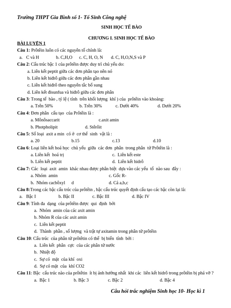 Cau Hoi Trac Nghiem Sinh Hoc 10 - Hoc Ki 1 231120179403b | PDF