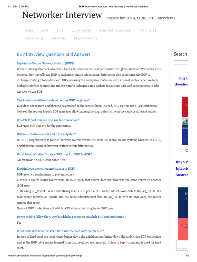 BGP Interview Questions and Answers - Networker Interview | PDF | Router (Computing) | Network ...