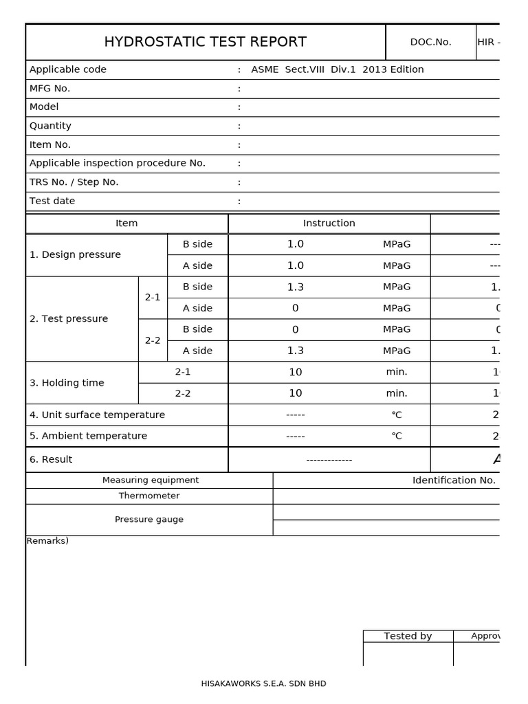 (9-5) Hydrostatic Test Report | PDF | Physical Quantities | Metrology