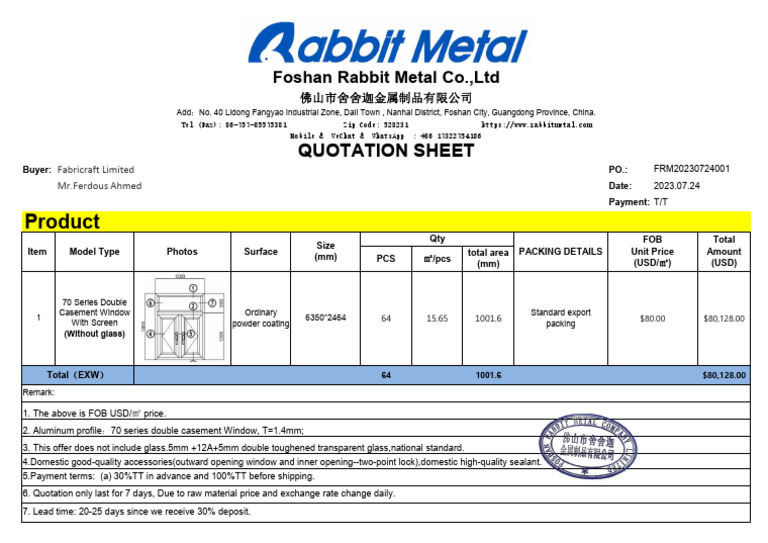 Foshan Rabbit Metal Quotation Sheet | PDF | Materials