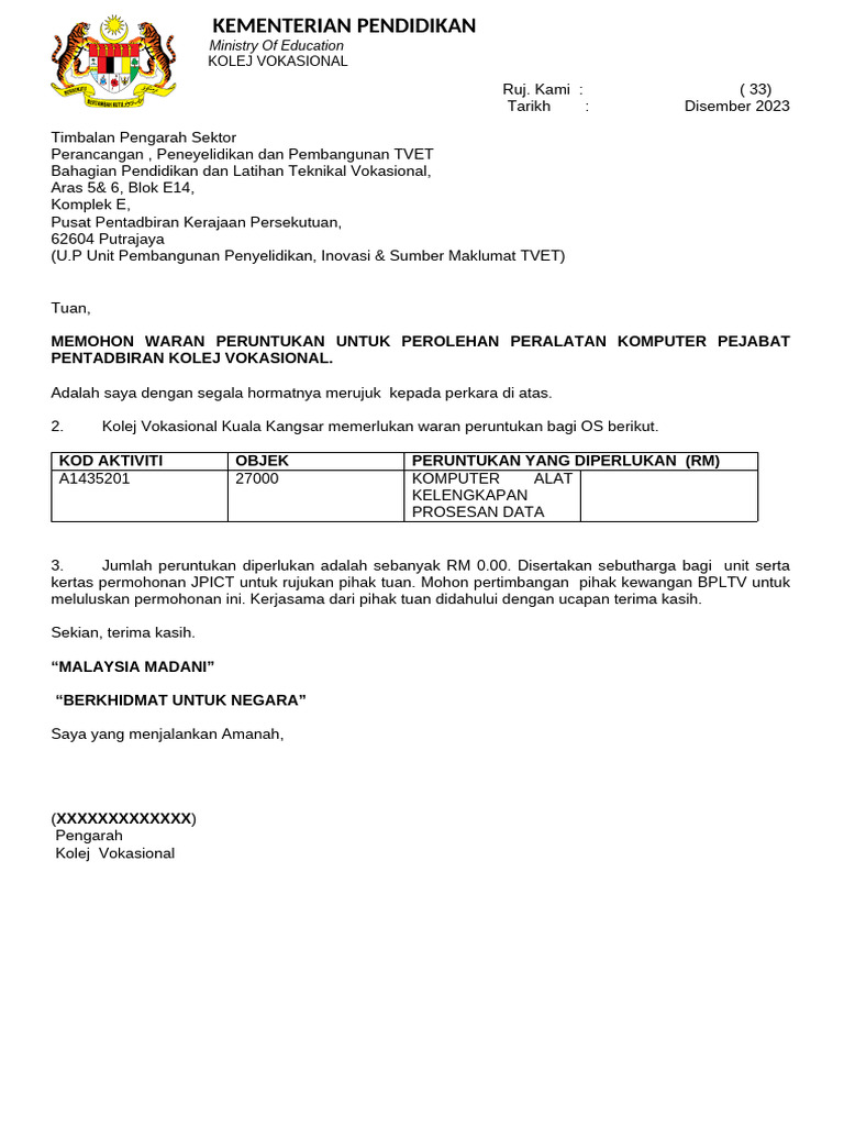Surat Iringan Permohonan Peruntukan Ict | PDF | Bisnis | Komputer
