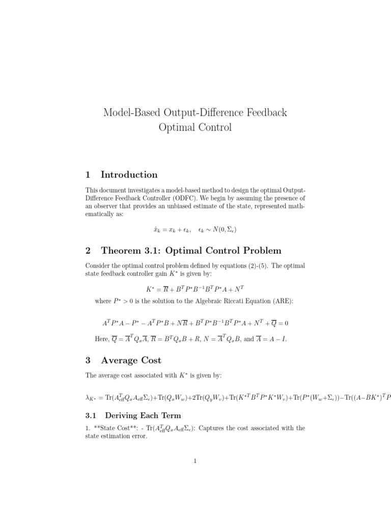 Model Based Output Difference Feedback Optimal Control | PDF | Optimal Control | System Of ...