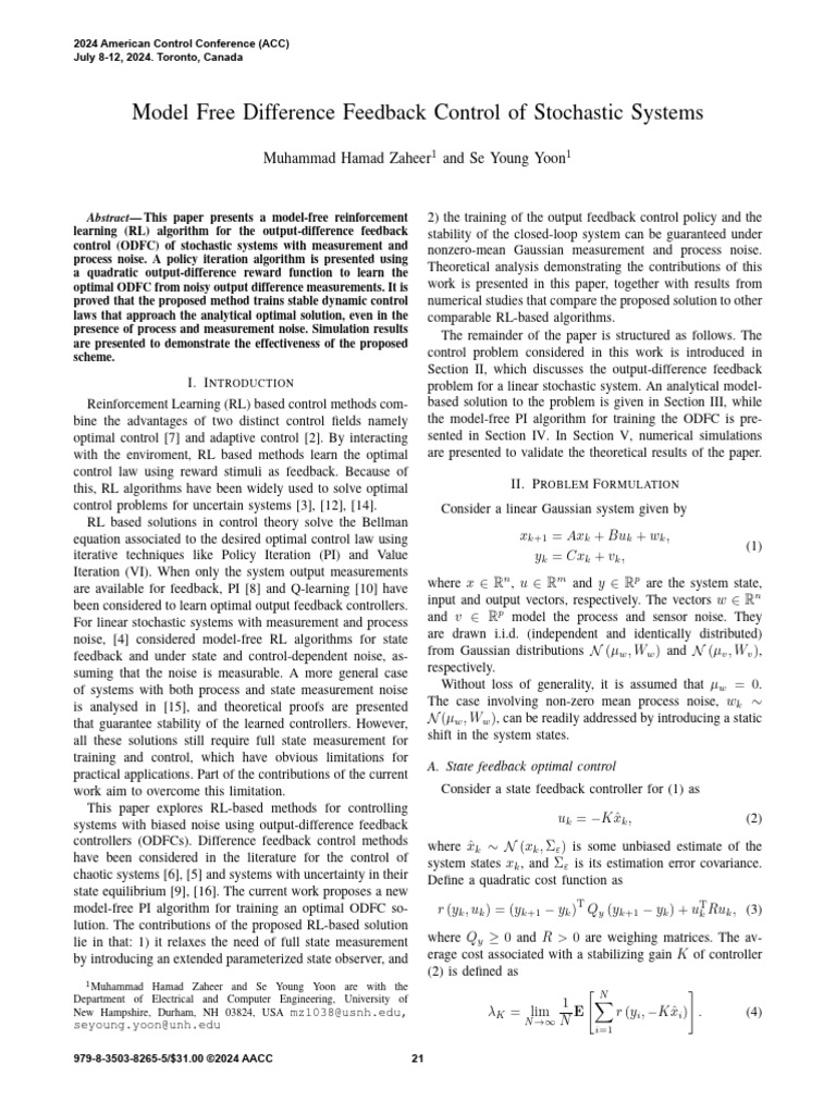 Model Free Difference Feedback Control Of Stochastic Systems Pdf
