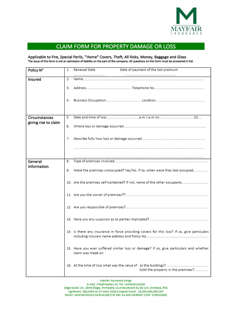 Mayfair DRC - Property Damage Claims Form | PDF | Insurance | Financial ...