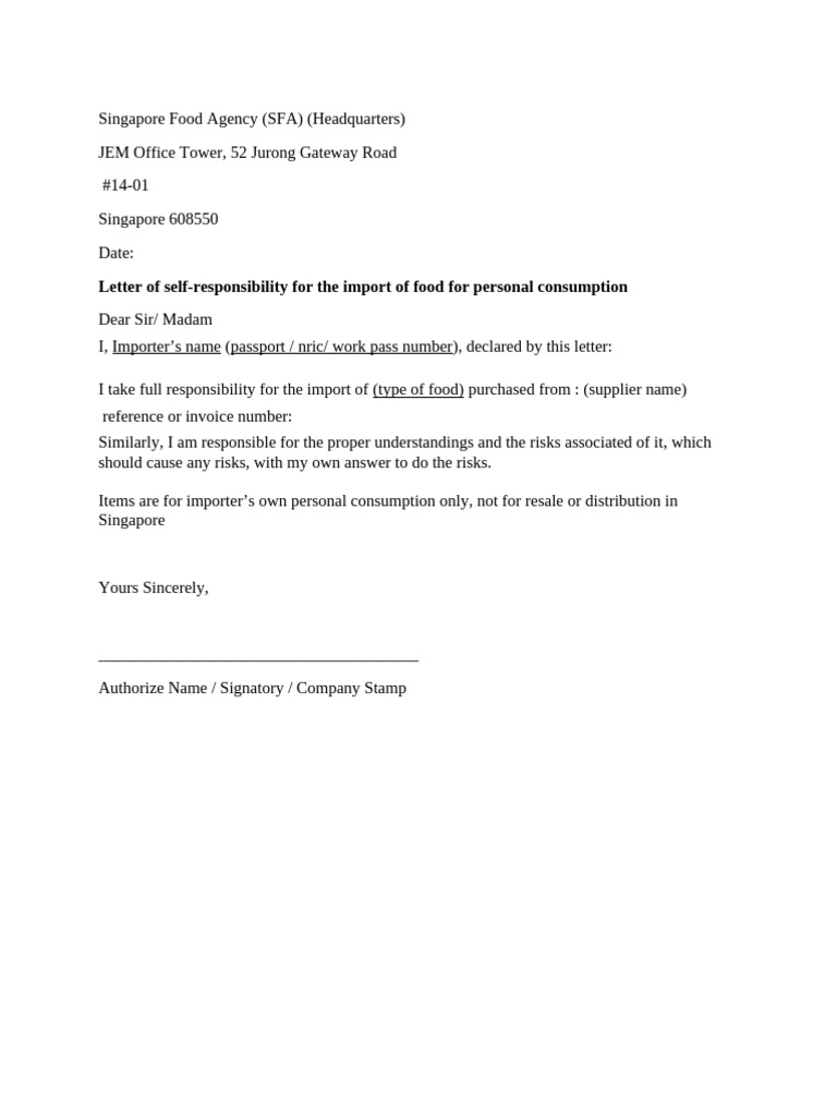 Self-Responsibility Letter for Food Import | PDF