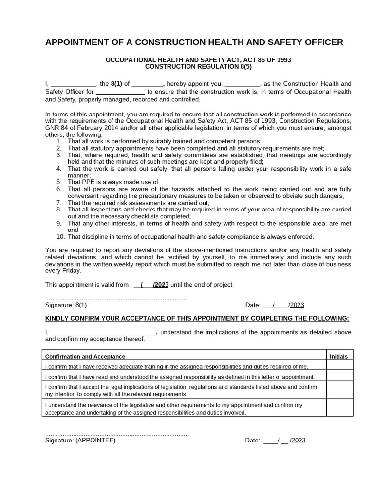 Construction Safety Officer Appointment Letter | PDF | Occupational ...