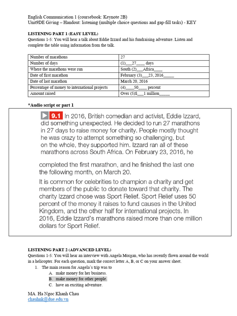 Unit9DE ECom2 - Handout Listening Extra (2parts) - KEY | PDF | Travel