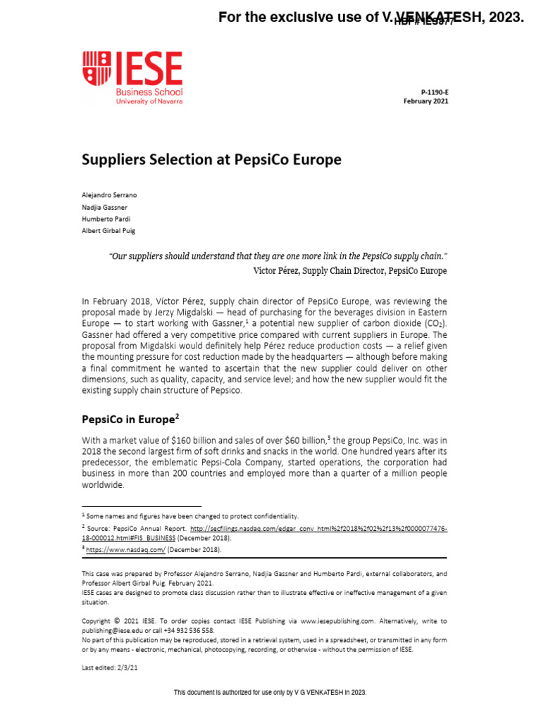 Supplier Selection PepsiCo Europe | PDF | Carbon Dioxide | Pepsi Co