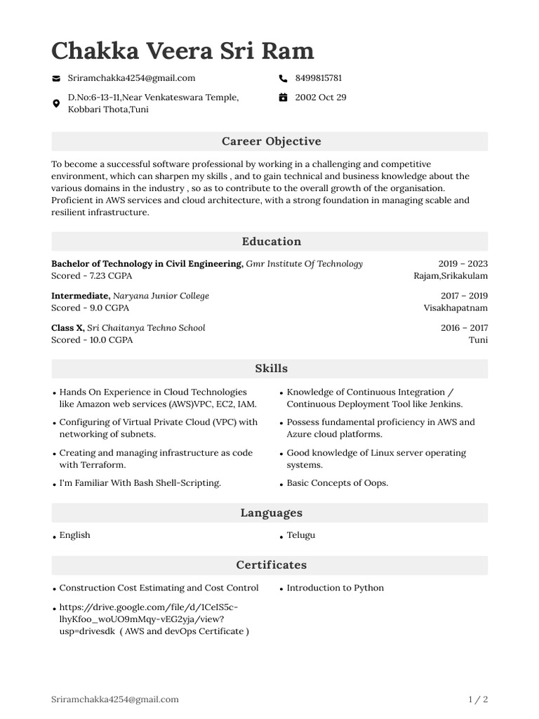 Chakka Veera Sri Ram Resume | PDF | Amazon Web Services | Concrete