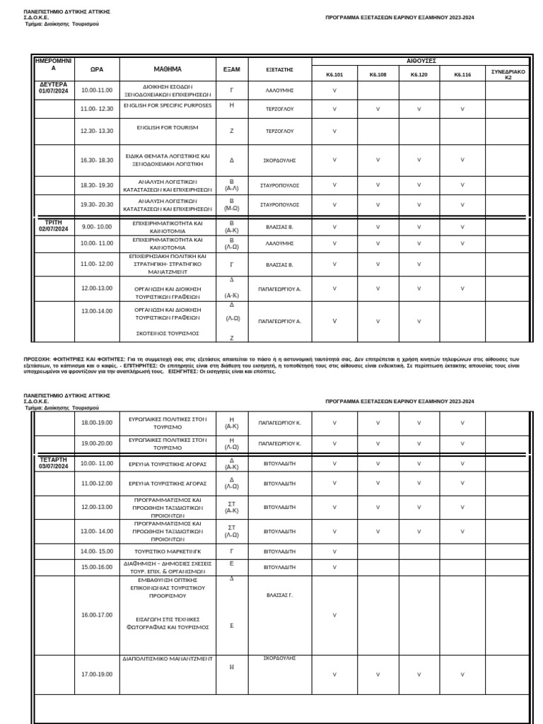 ΕΠΙΚΑΙΡΟΠΟΙΗΜΕΝΟ ΠΡΟΓΡΑΜΜΑ ΕΞΕΤΑΣΕΩΝ ΕΑΡΙΝΟΥ ΕΞΑΜΗΝΟΥ 2023 2024 | PDF