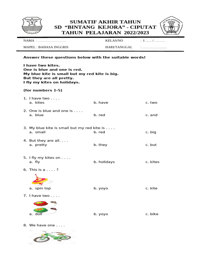 Soal Sat B.inggris Kelas I 2022-2023 | PDF | Sports & Recreation | Art