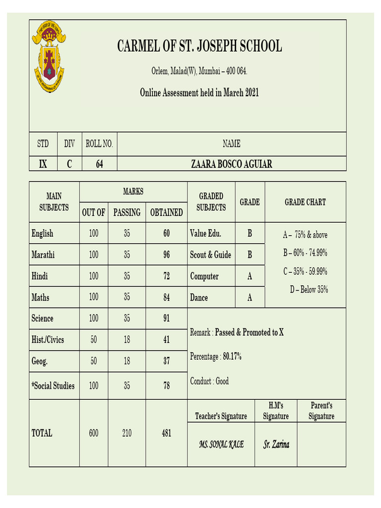 IX Grade Report Card Summary | PDF