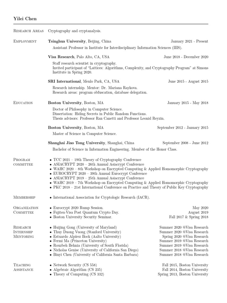 CV Yilei Chen | PDF | Cryptography | Secure Communication