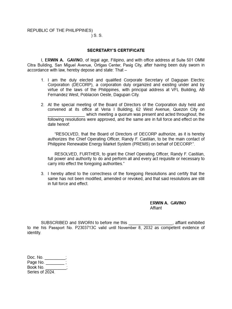DECORP Board Resolution on COO Authority | PDF