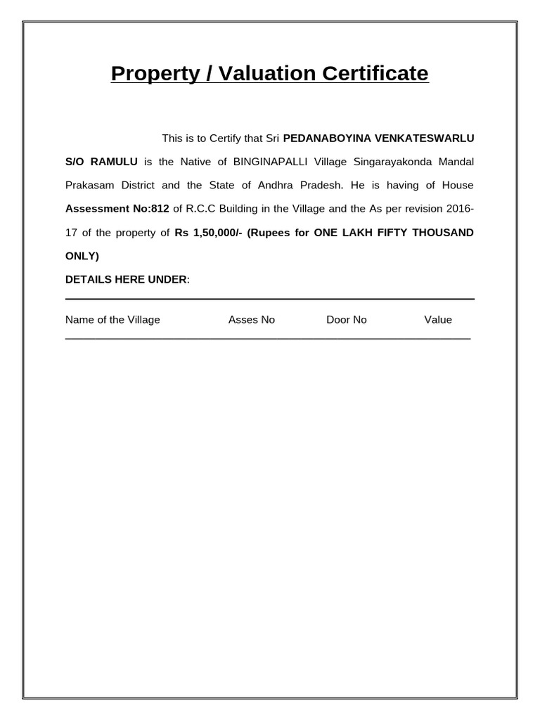 Property - Valuation Certificate Elika Venkateswarlu | PDF