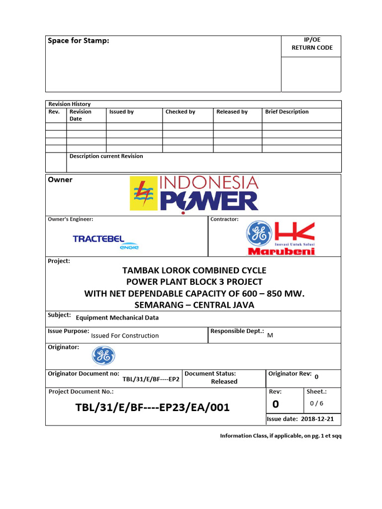 Equipment Data for Tambak Lorok Power Plant | PDF