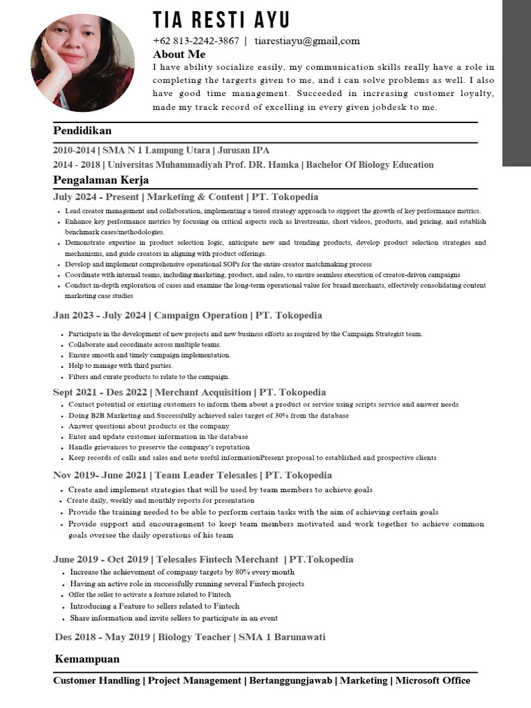 CV Tia Resti Ayu.pdf(Updated) | PDF | Sales | Marketing