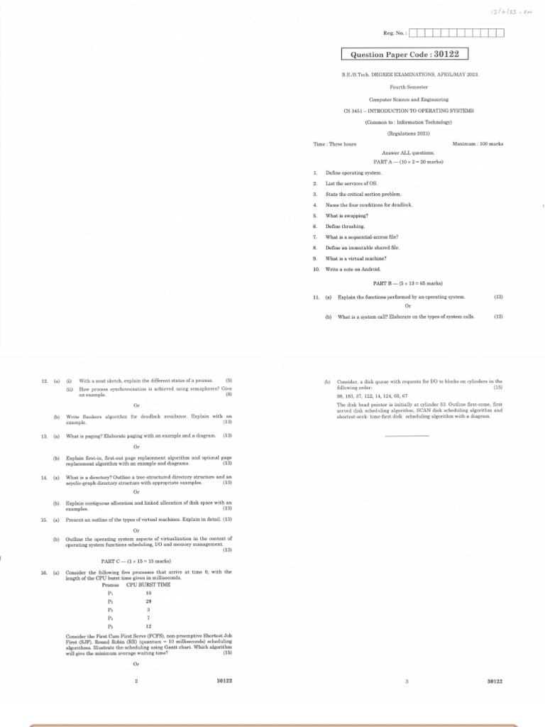 Introduction To Operating Systems - CS3451 2021 Regulation - Question Paper 2023 April May | PDF ...