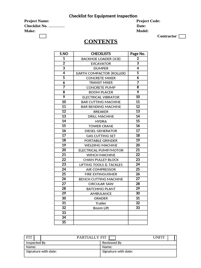 Construction Equipment Checklist | PDF | Grinding (Abrasive Cutting ...