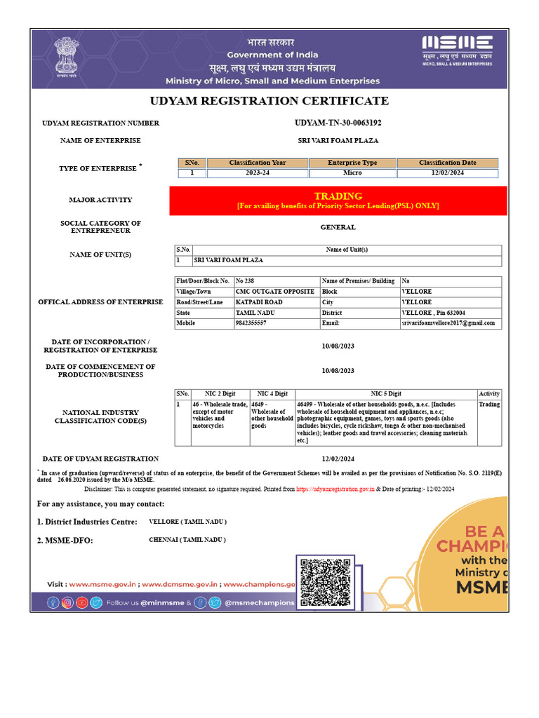Udyam Cert: Sri Vari Foam Plaza | PDF | Economies