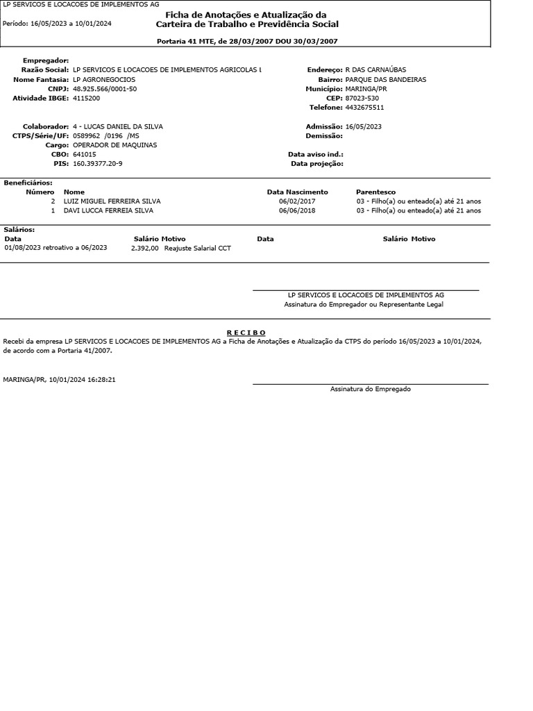 Ficha de Atualiza o Da CTPS PDF | PDF | Emprego | Economias