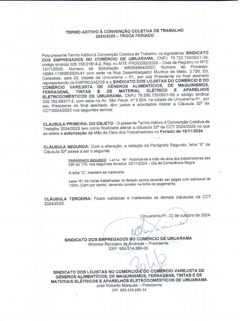 Termo Aditivo - Troca de Feriado Comércio Lojista | PDF