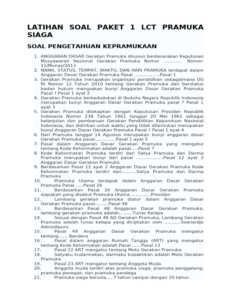 Latihan Soal Paket 1 LCT Pramuka Siaga (Bahan Soal Seleksi) | PDF