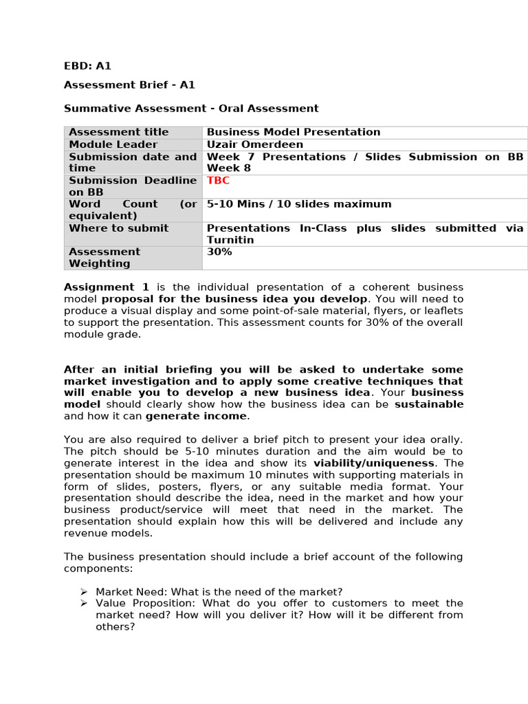 EBD A1 Assignment Brief | PDF