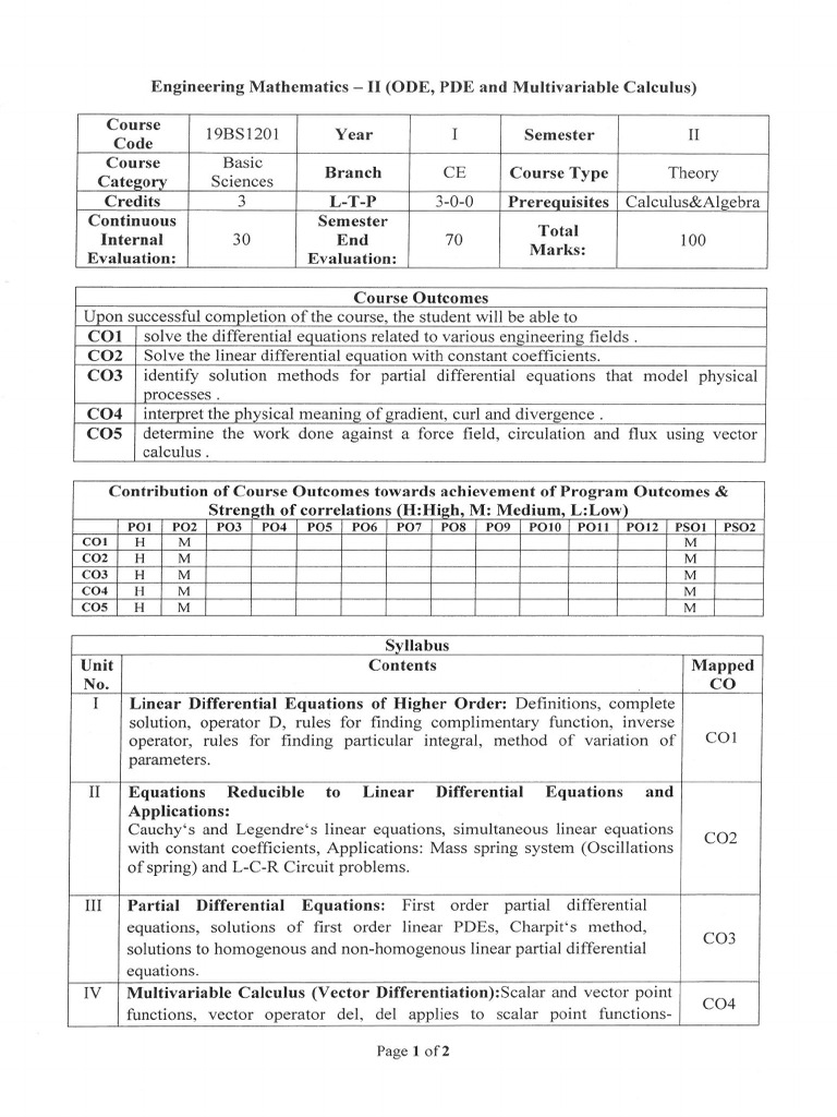 Engg - Mathematics-II (ODE, PDE and Multivariable Calculus) | PDF | Partial Differential ...